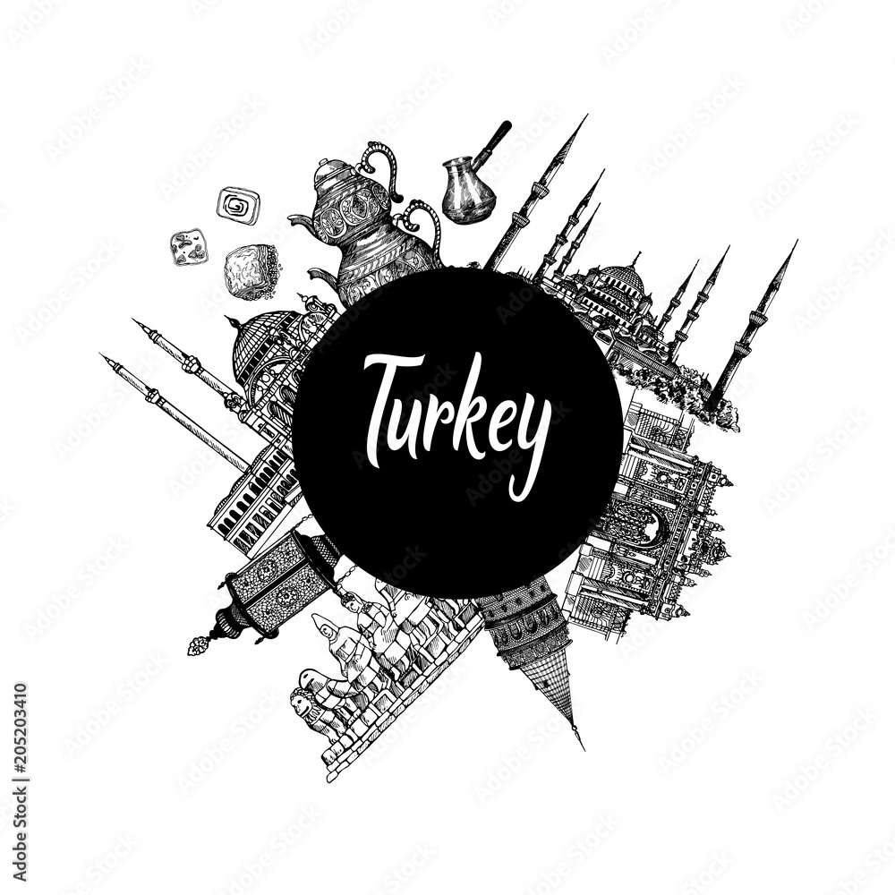 Composition of hand drawn sketch style Turkey related objects isolated ...