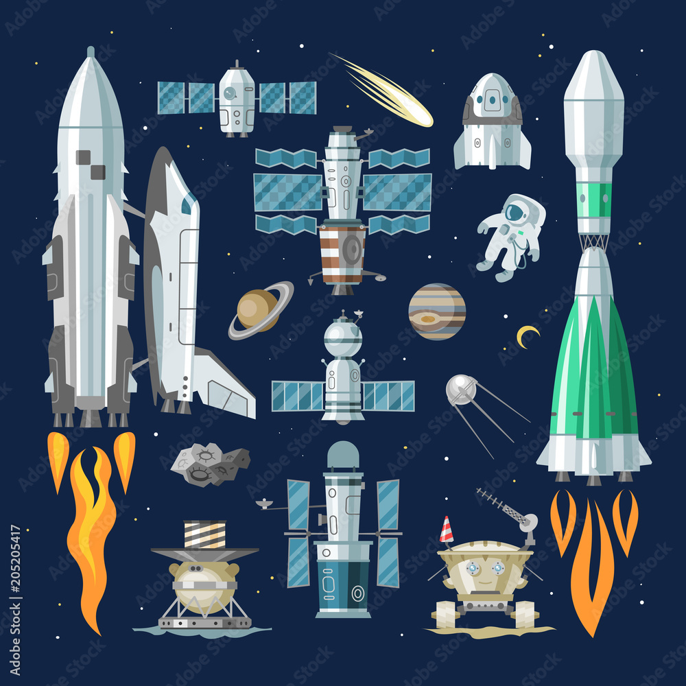 Rocket vector spaceship or spacecraft and satellite or lunar-rover ...