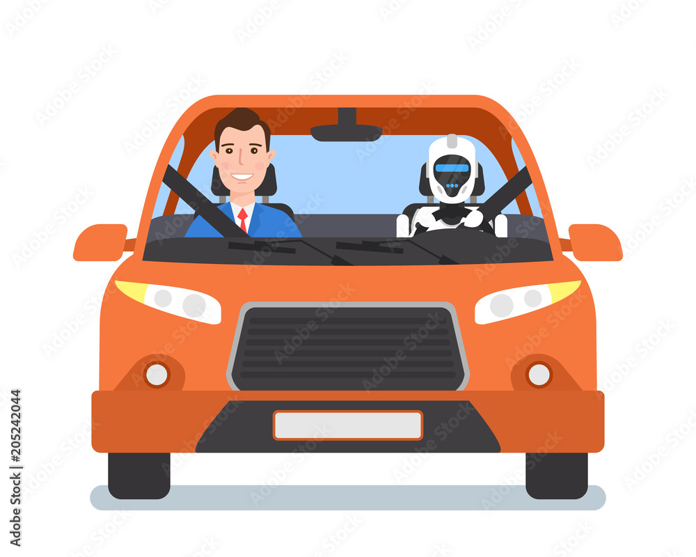 robot humanoid driving a car with passenger front view Stock Vector ...