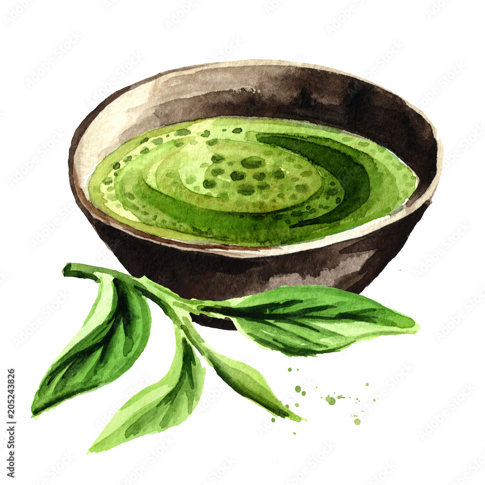 Organic green Matcha tea with green tea leaves. Watercolor hand drawn ...