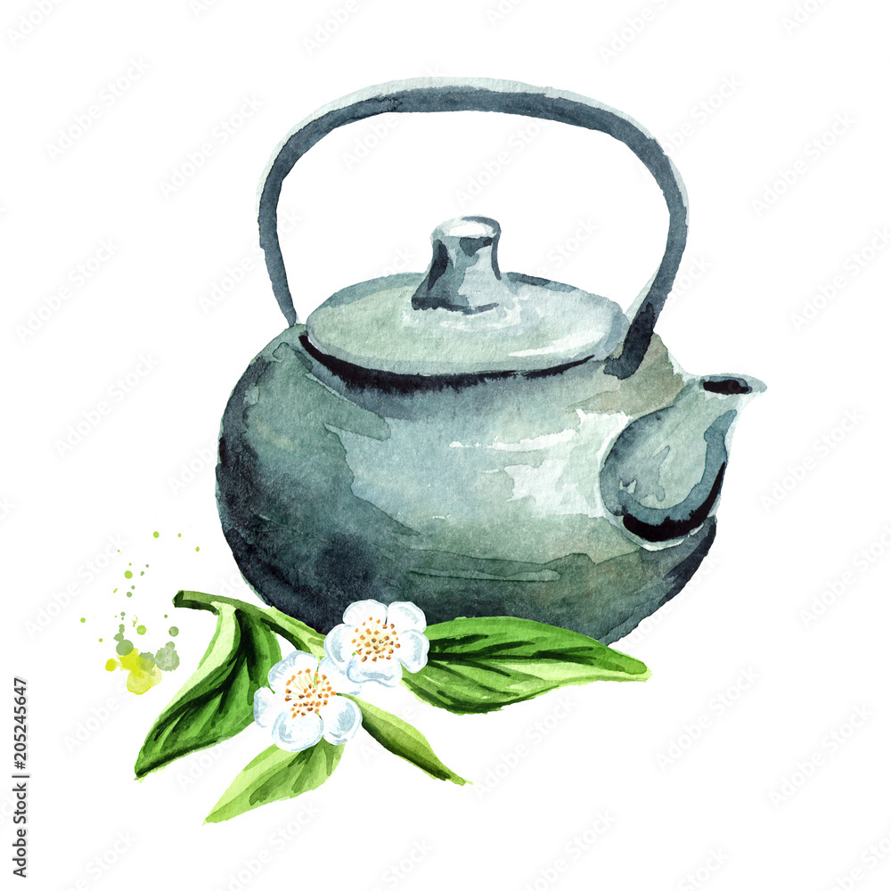 Tea pot with green tea leaves. Watercolor hand drawn illustration ...