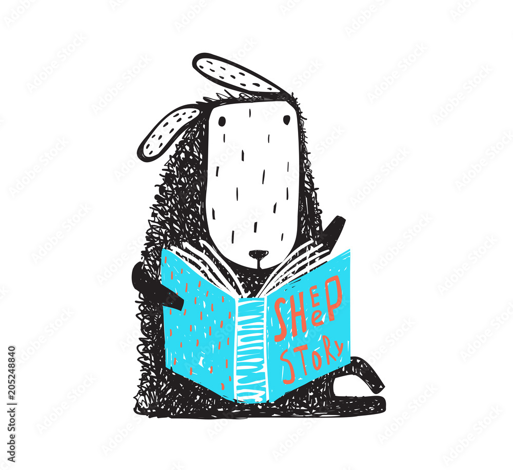 Adorable animal reading. Hand drawn doodle cartoon. Vector illustration ...