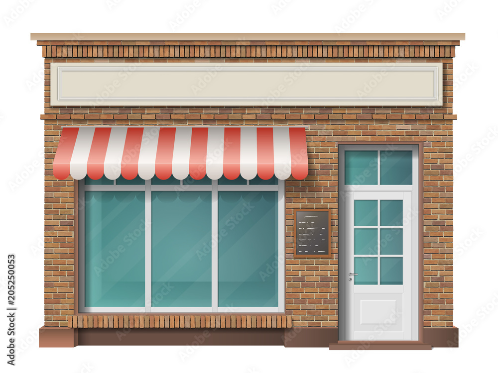 Brick small store building facade with big window and awning. Vector 3d ...