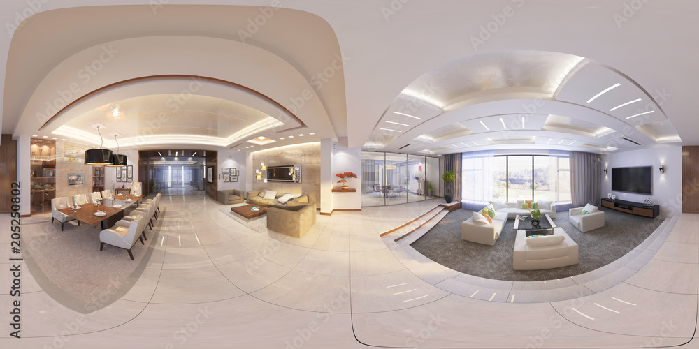 3d Illustration of modern interior 360 hall Stock Illustration | Adobe Stock