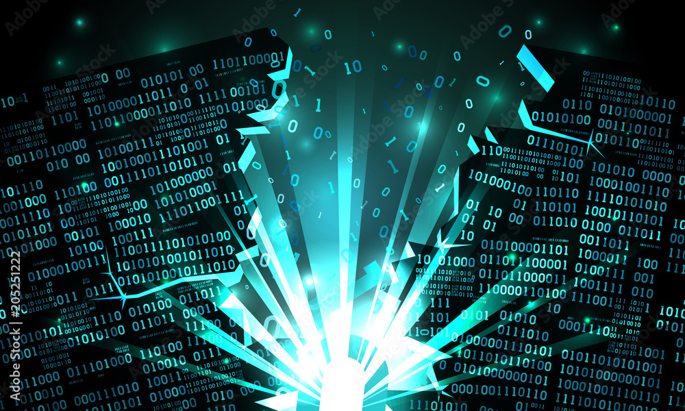 Abstract futuristic cyberspace with a hacked array of binary data, explosion with rays of light ...