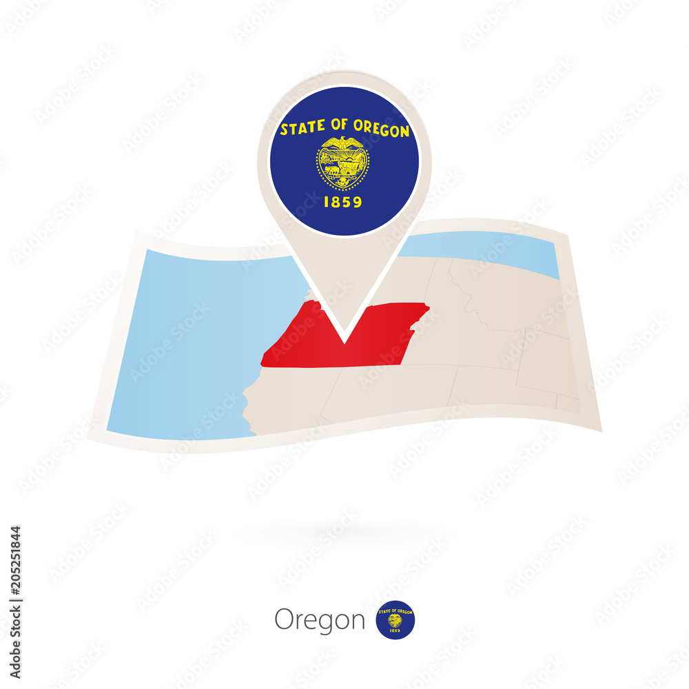 Folded paper map of Oregon U.S. State with flag pin of Oregon. Stock ...
