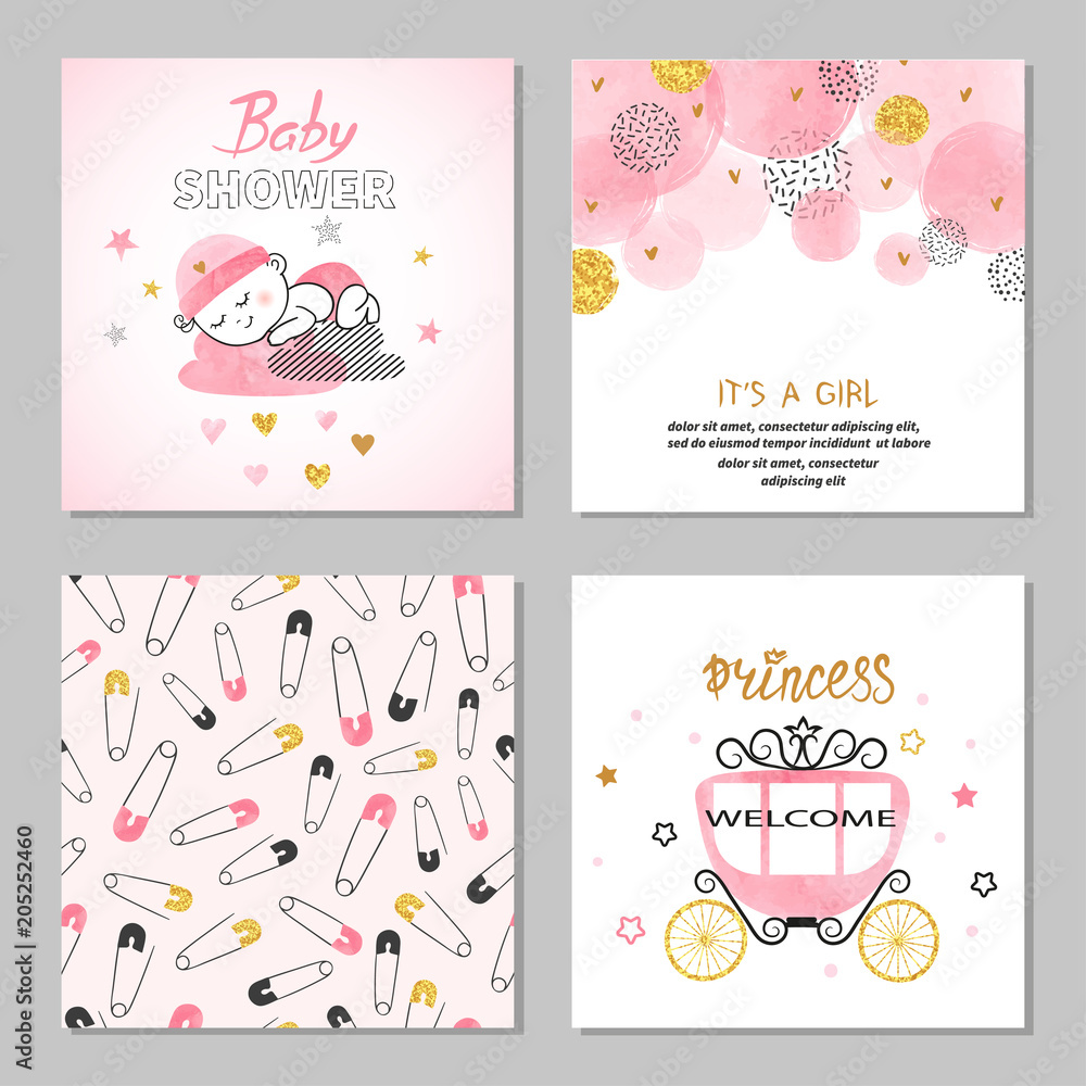 Baby Shower girl vector set in pink and golden colors. Stock Vector ...