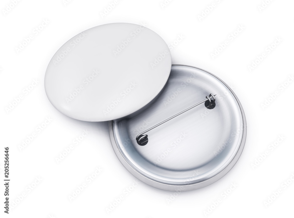 White badge pin brooch front and back side isolated on white background ...