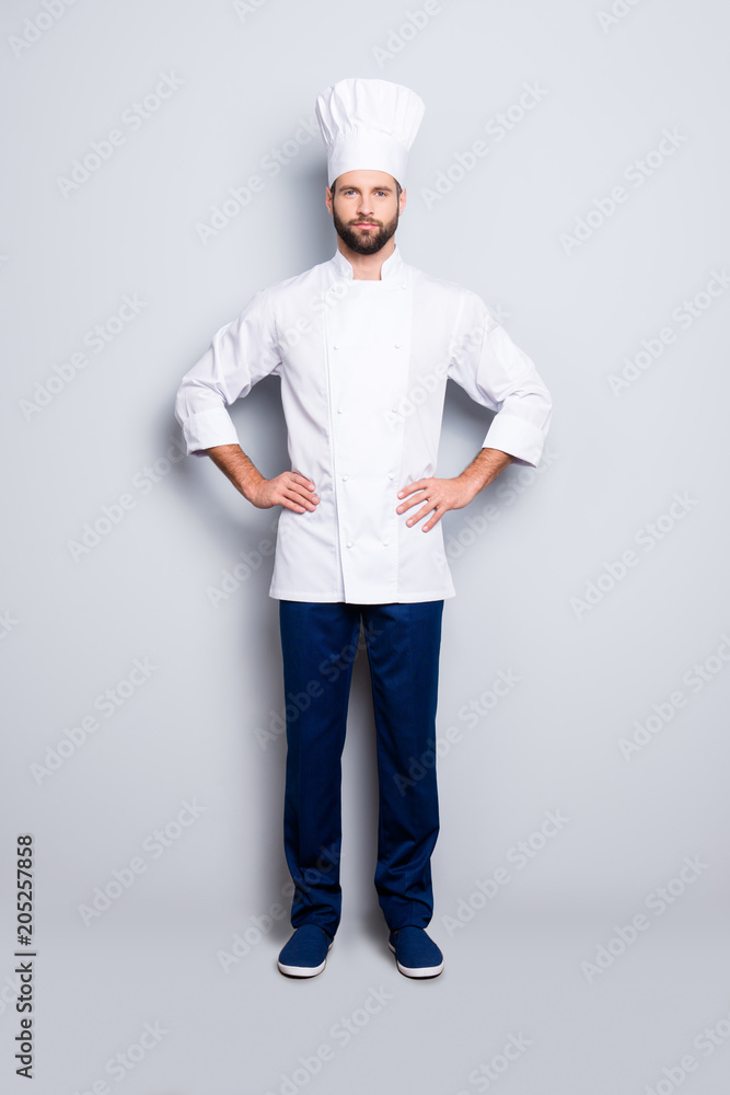 Full size fullbody portrait of attractive harsh chef cook with stubble ...