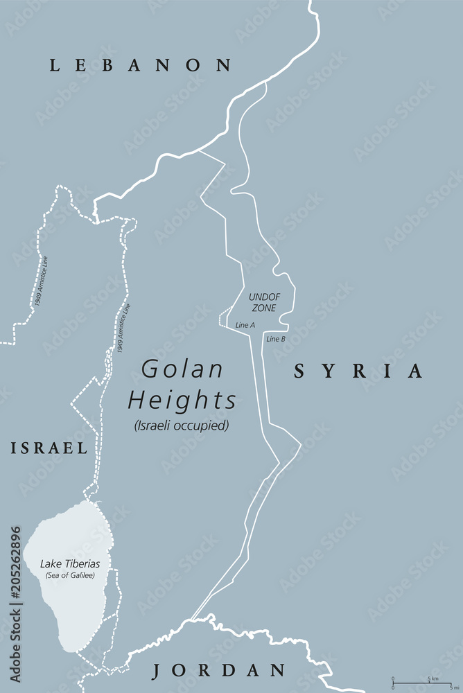 Golan Heights. political map with borders. A region in the Levant. Area ...