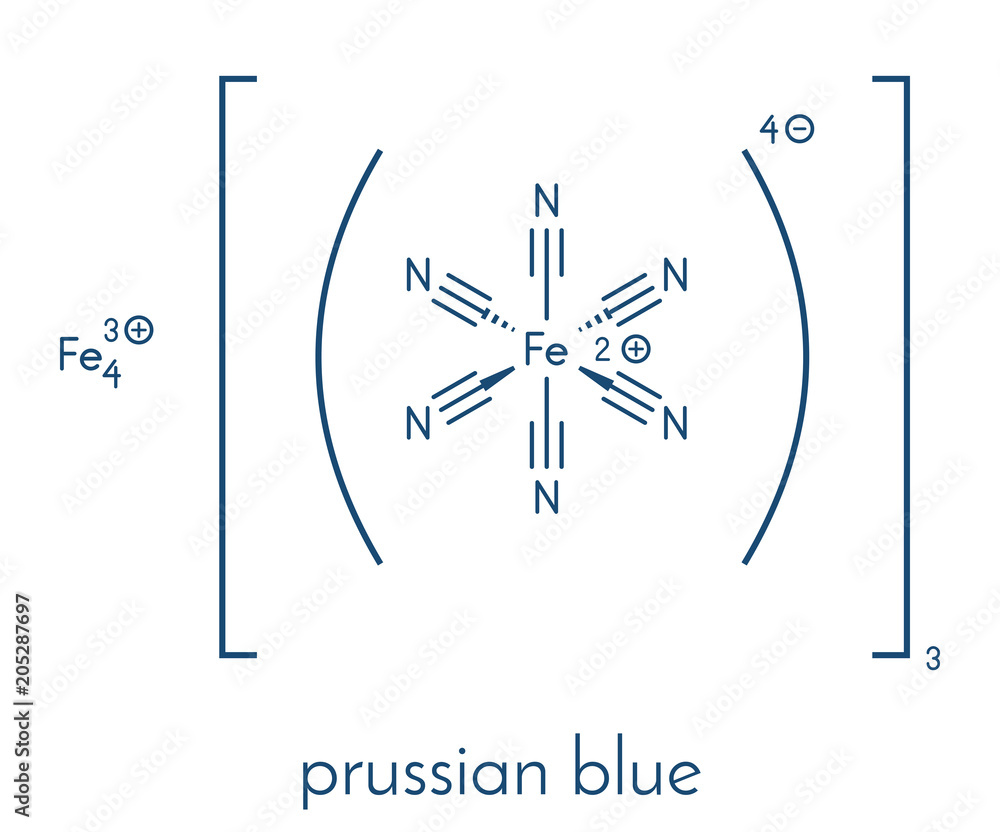 Prussian blue (Potassium ferric hexacyano-ferrate) molecular structure ...