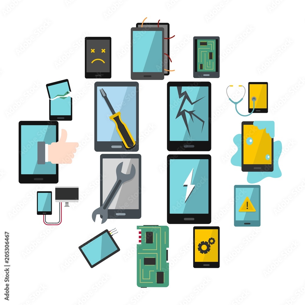 Device repair symbols icons set in flat style isolated vector ...
