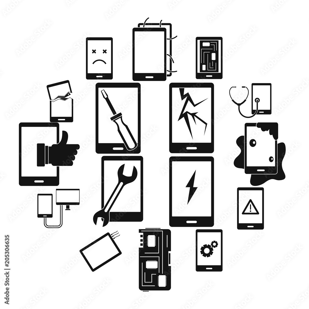 Device repair symbols icons set. Simple illustration of 16 device ...