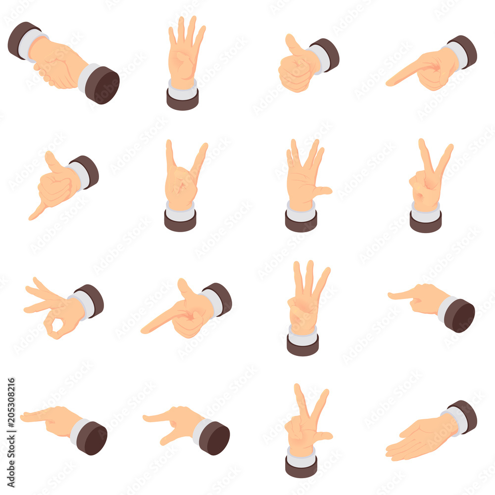 Hand gesture palm pointer icons set. Isometric illustration of 16 hand ...