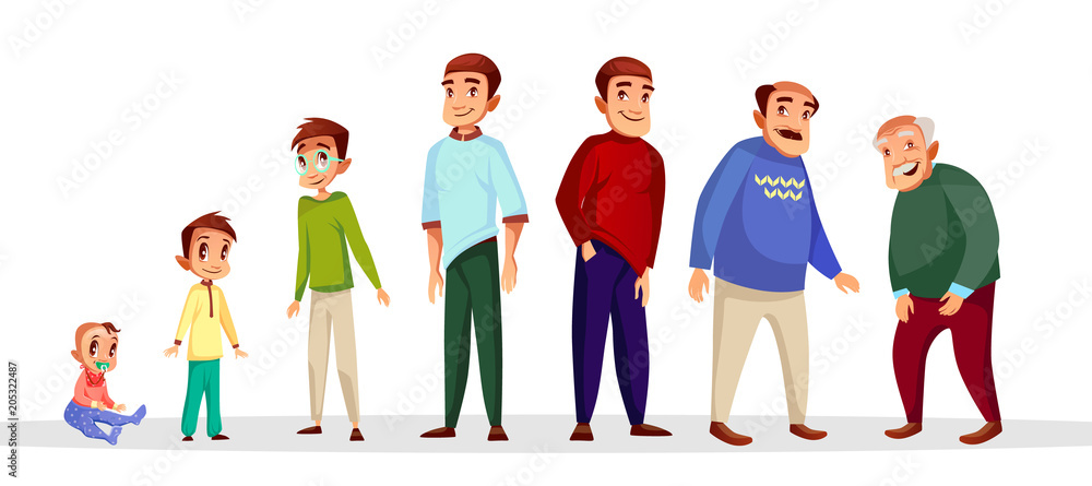Vector cartoon male character growth and aging process. Happy people ...