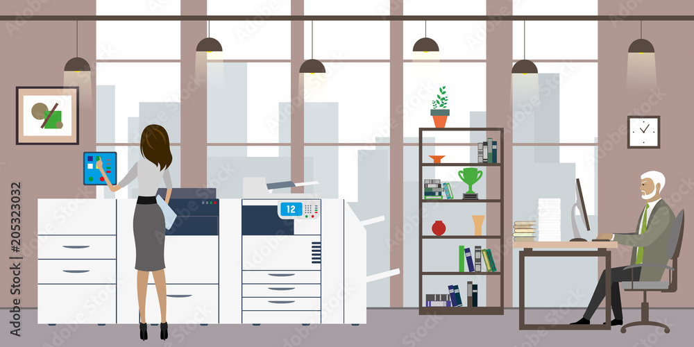 Cartoon office manager in the workplace and woman print on ...