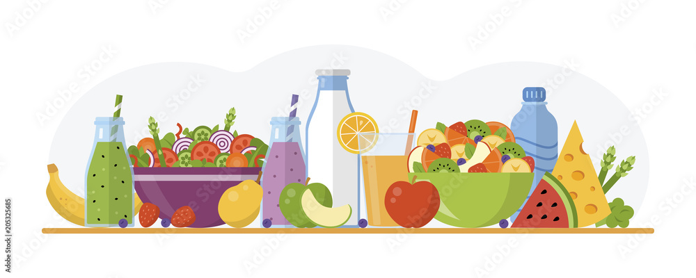 Flat design banner. Health food concept isolated on white background ...