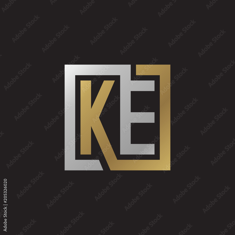Initial letter KE, looping line, square shape logo, silver gold color ...