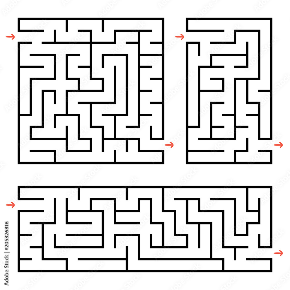 A set of square and rectangular labyrinths with entrance and exit. Simple flat vector ...