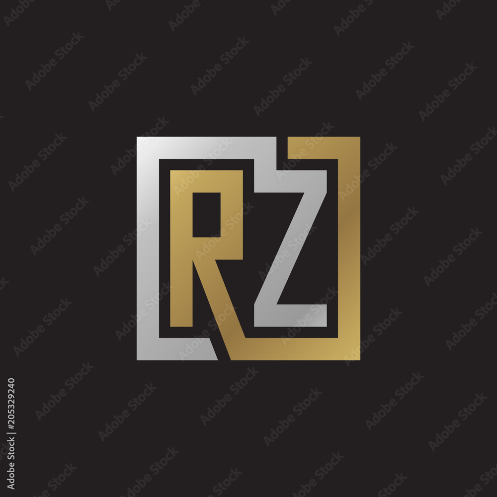 Initial letter RZ, looping line, square shape logo, silver gold color ...