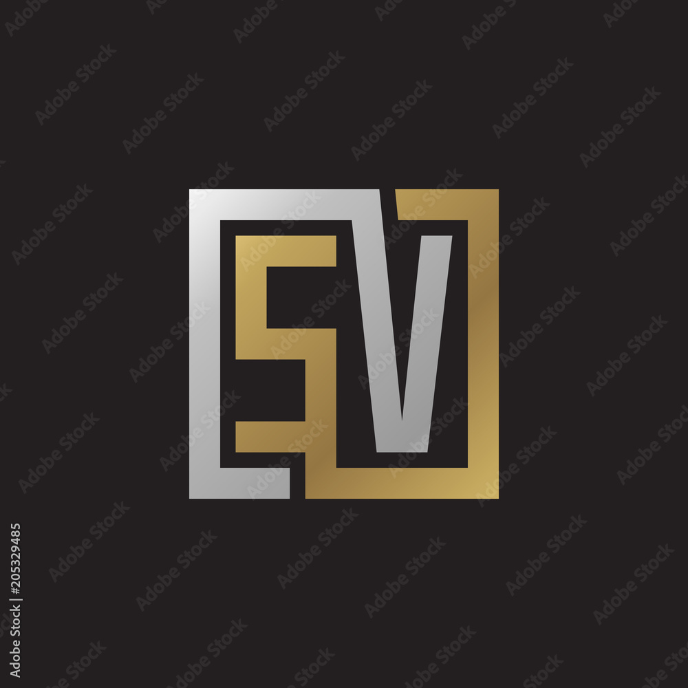 Initial letter SV, looping line, square shape logo, silver gold color ...