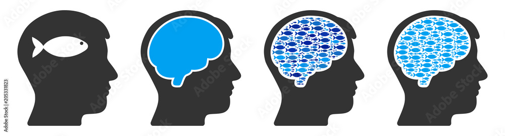Fish human brain vector illustration set with collage elements filled ...