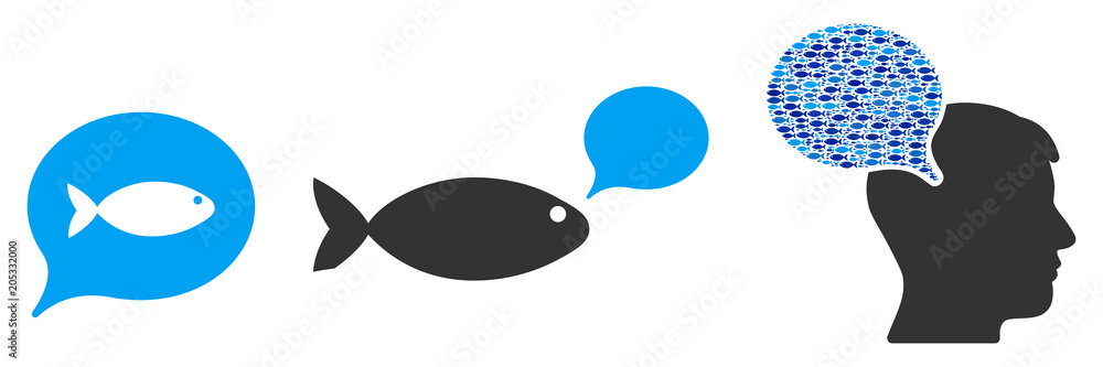 Fish thinking balloon vector illustration set with collage elements ...
