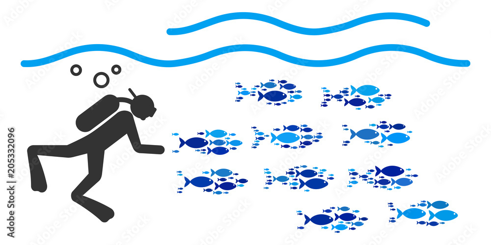 Scuba diver underwater with fish vector illustration set with collage ...