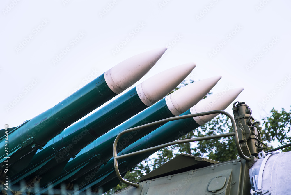 defense forces weapon. antiaircraft missles rockets with warhead aimed ...