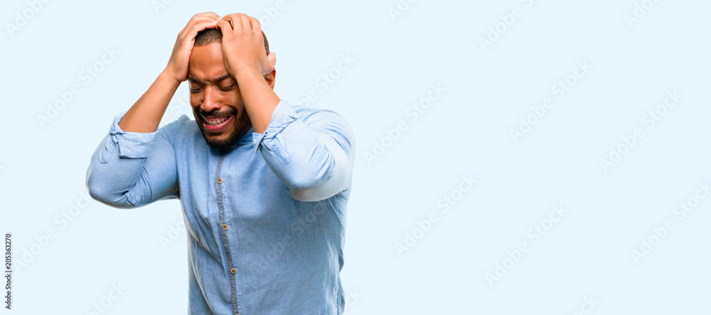 African american man with beard terrified and nervous expressing ...