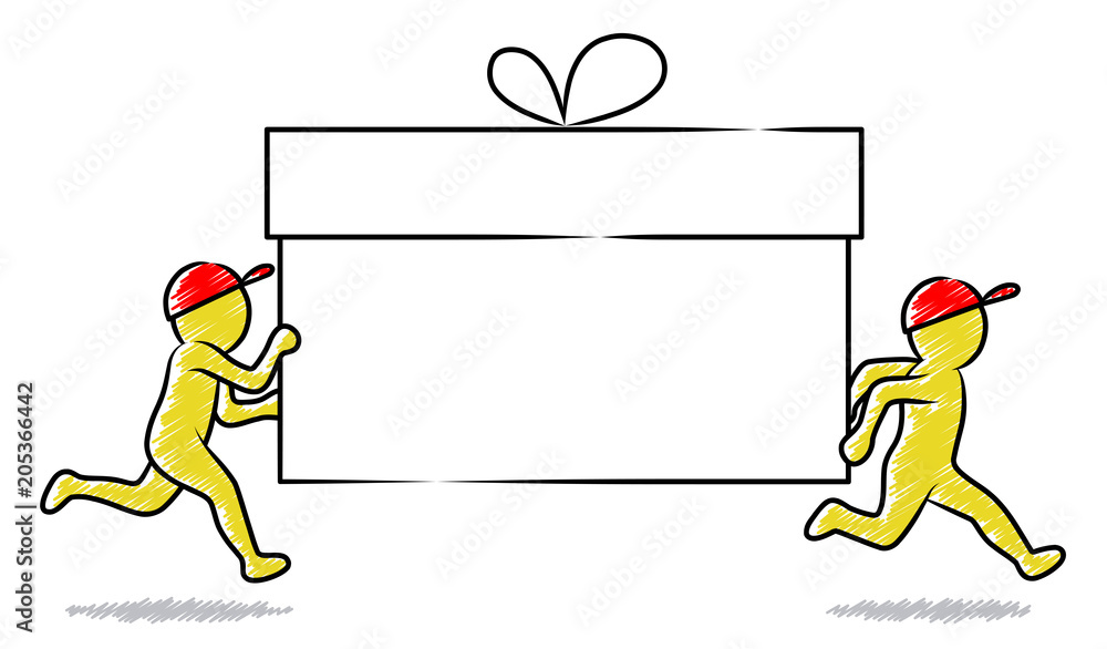 Schnelle Lieferung: Gelbe Strichmännchen bringen große Paketbox mit ...