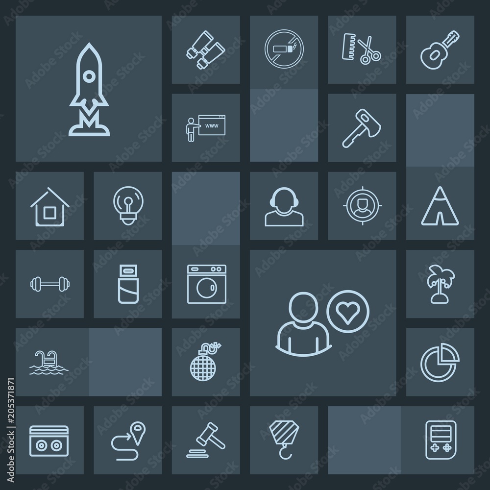 Modern, simple, dark vector icon set with bomb, sound, nature, craft ...