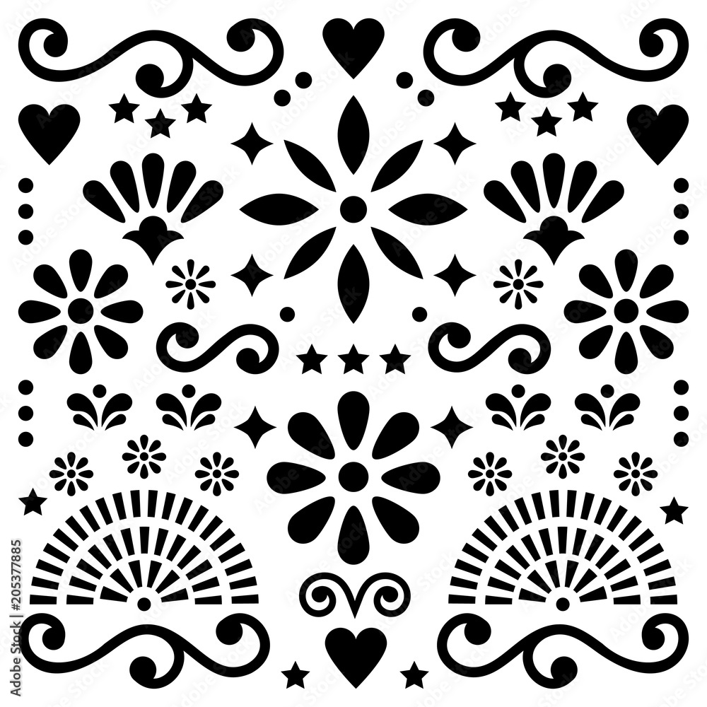 Mexican folk art vector pattern, black and white design with flowers ...