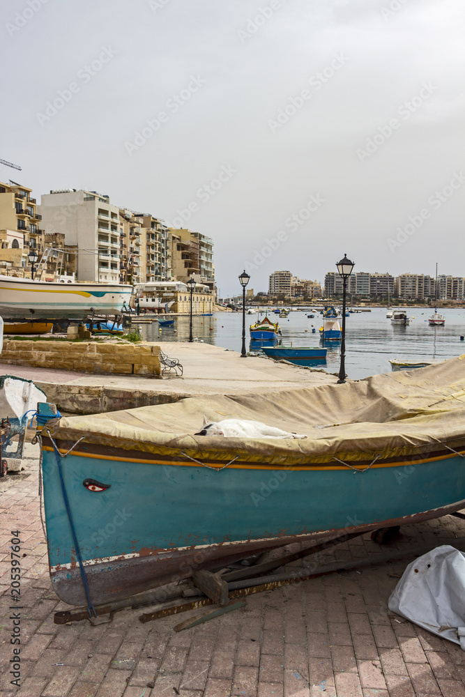 Stray white cat with black spots on head sleeping on a covered boat at ...