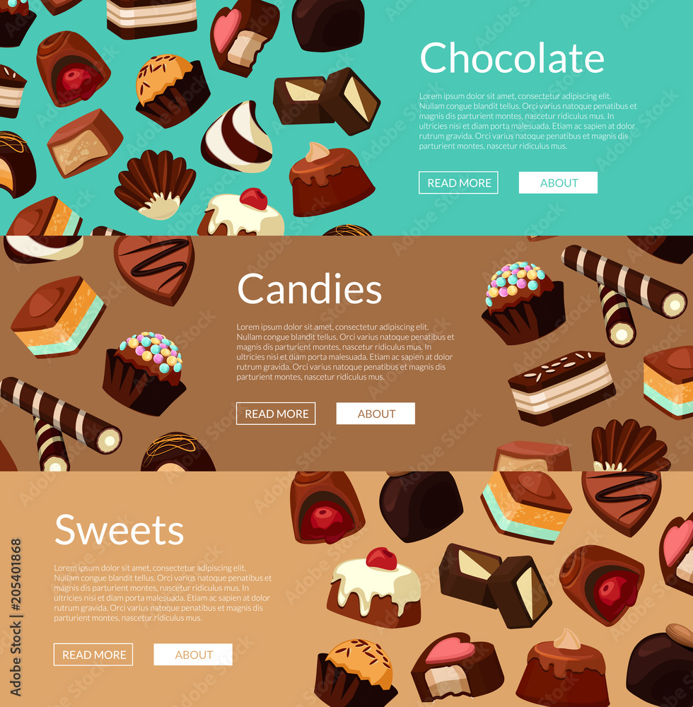 Vector web banners illustration with cartoon chocolate candies Stock ...