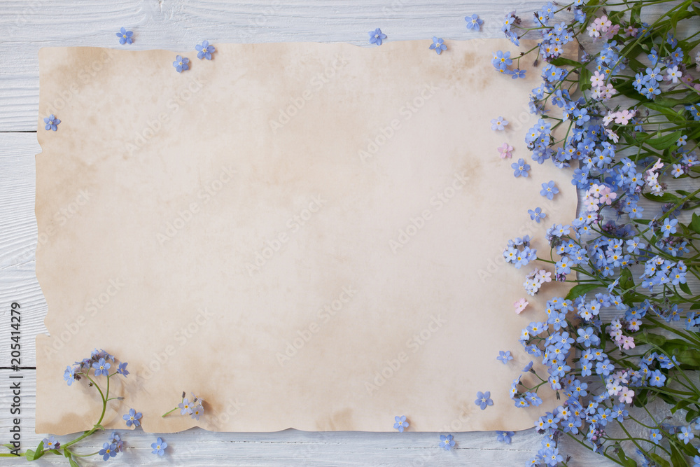 Forget-me-not flowers on a white wooden background and paper for ...