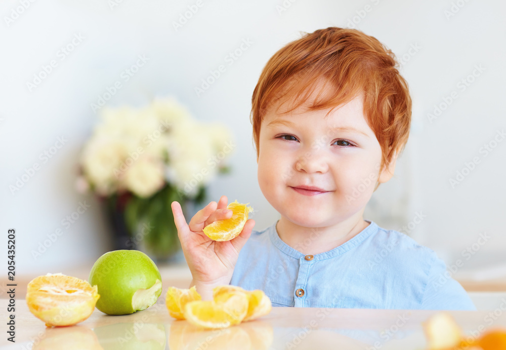 cute redhead toddler baby tasting orange slices and apples at the ...