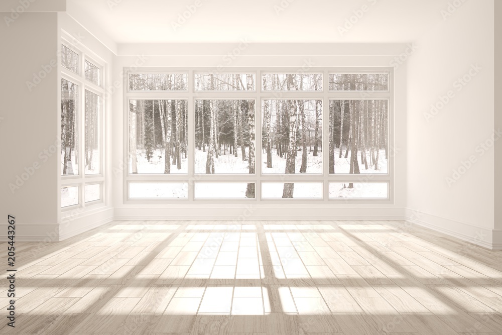 White empty room with winter landscape in window. Scandinavian interior ...