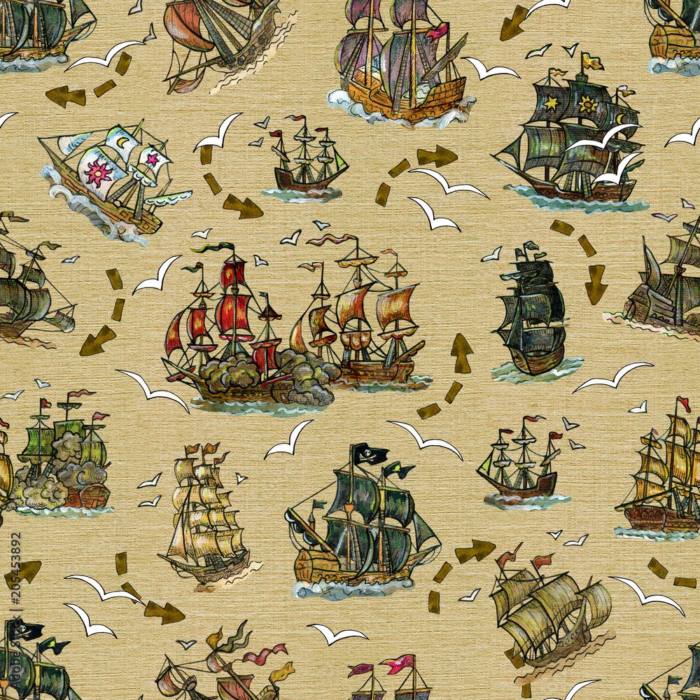 Seamless background with old sailing ships and gull on old texture ...