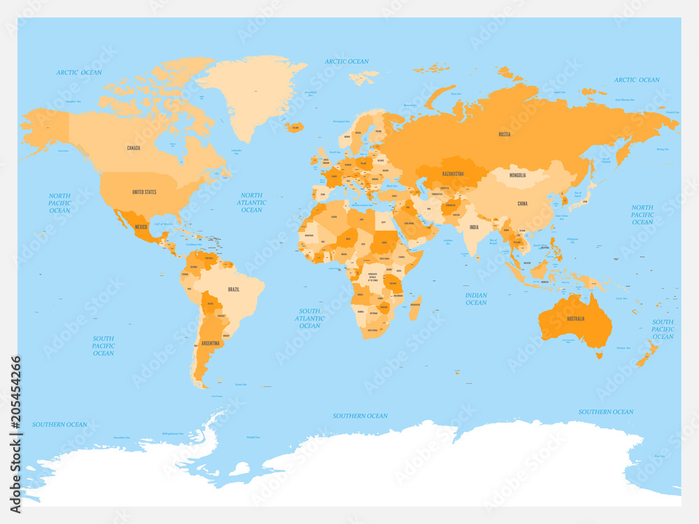 World map atlas. Colored political map with blue seas and oceans ...