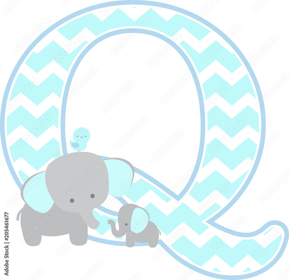 Vetor de initial q with cute elephant and little baby elephant isolated ...