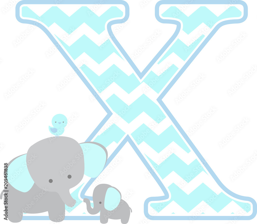 initial x with cute elephant and little baby elephant isolated on white ...