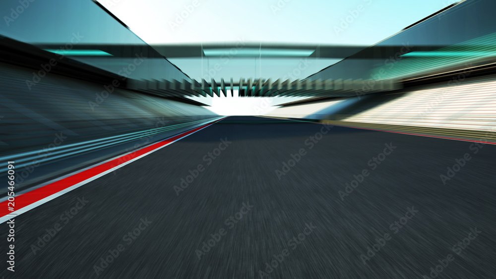 Side view motion blur empty asphalt international race track with ...