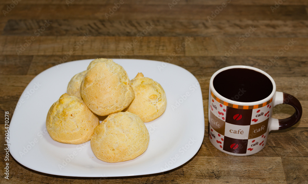 Breakfast served with cheese bread and coffee, traditional food from ...