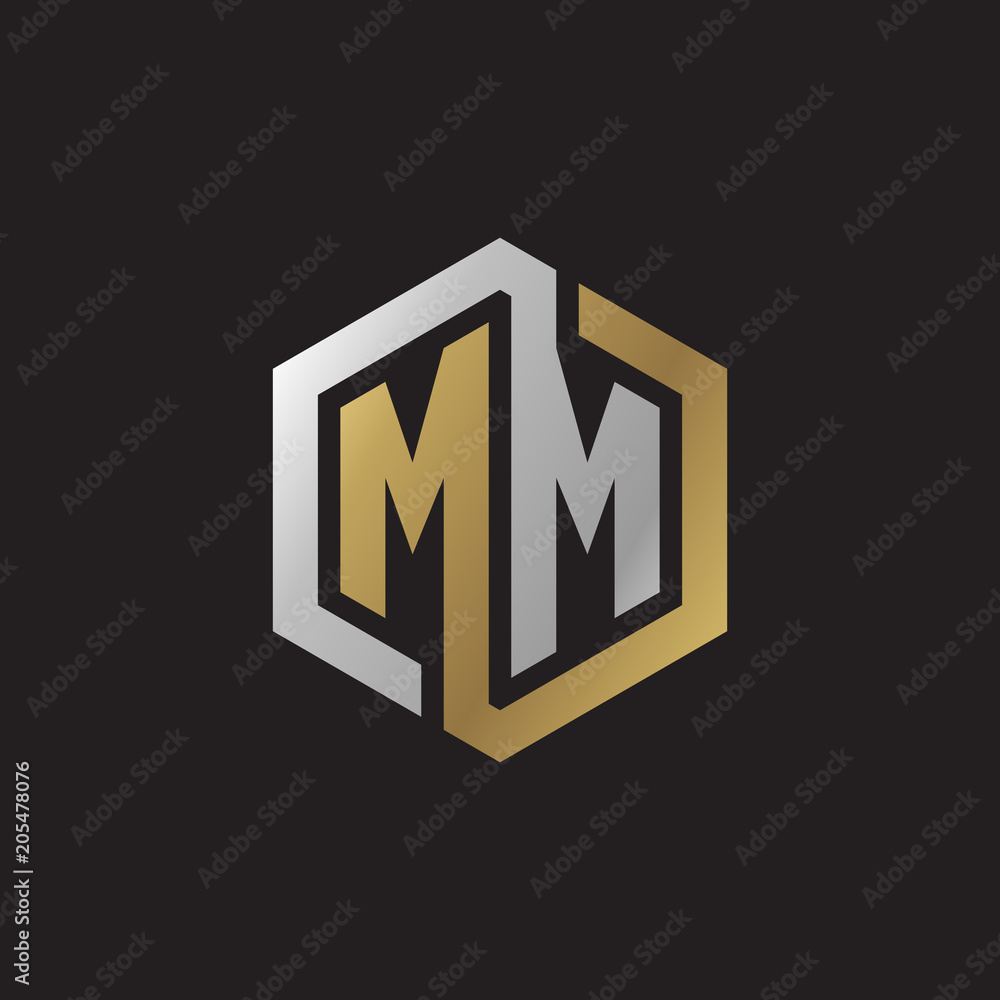Initial letter MM, looping line, hexagon shape logo, silver gold color ...