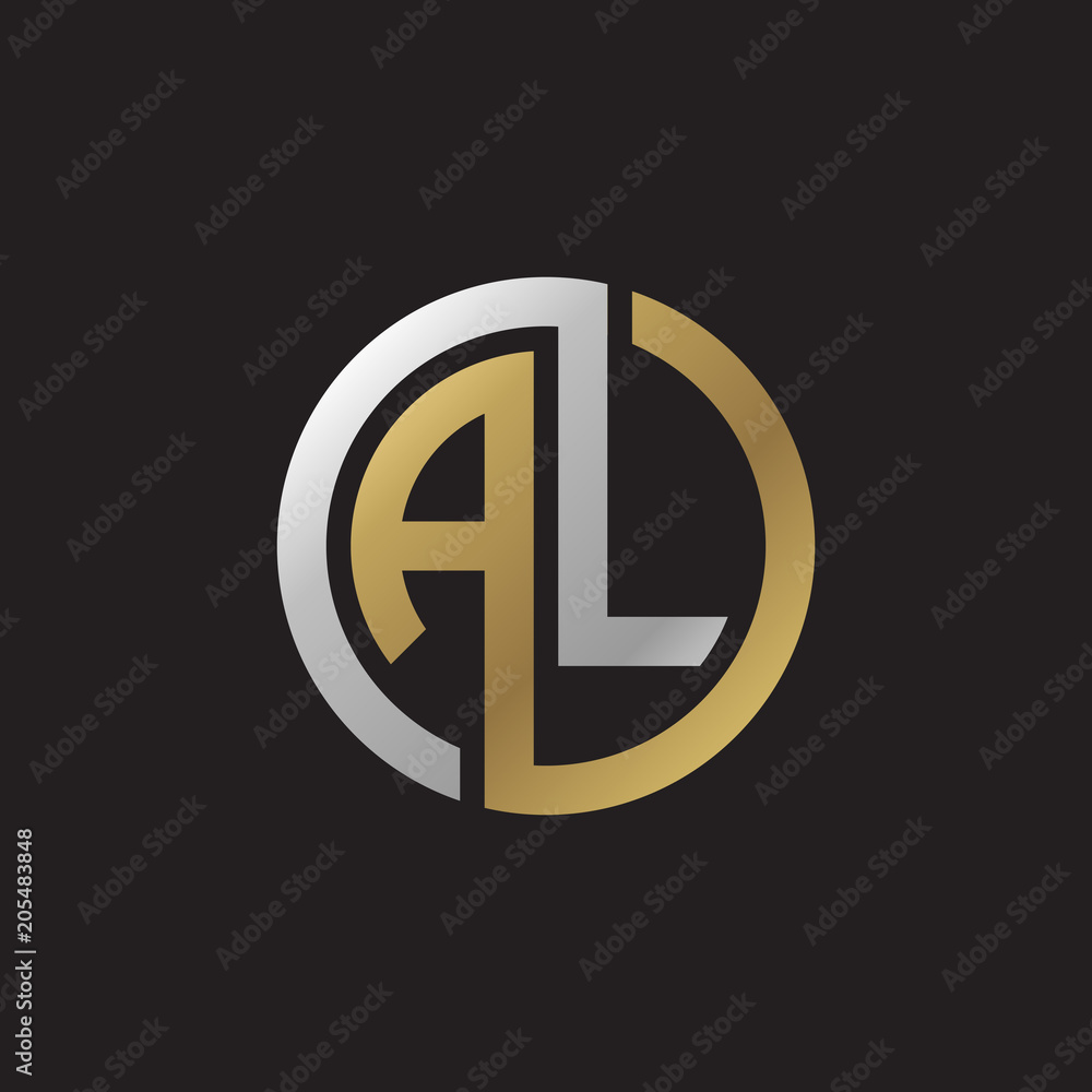 Initial letter AL, looping line, circle shape logo, silver gold color ...