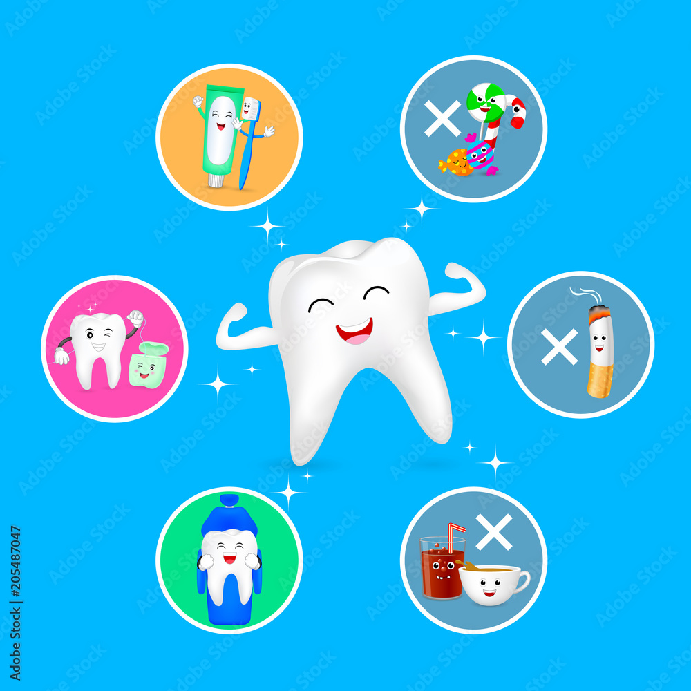 Healthy cartoon tooth character with set icons. Dental care concept ...