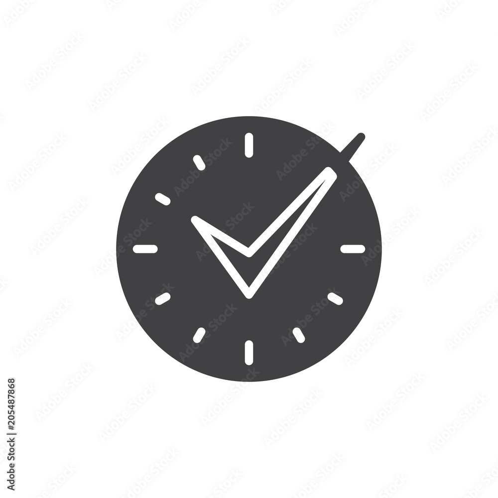 Check mark on clock vector icon. filled flat sign for mobile concept ...