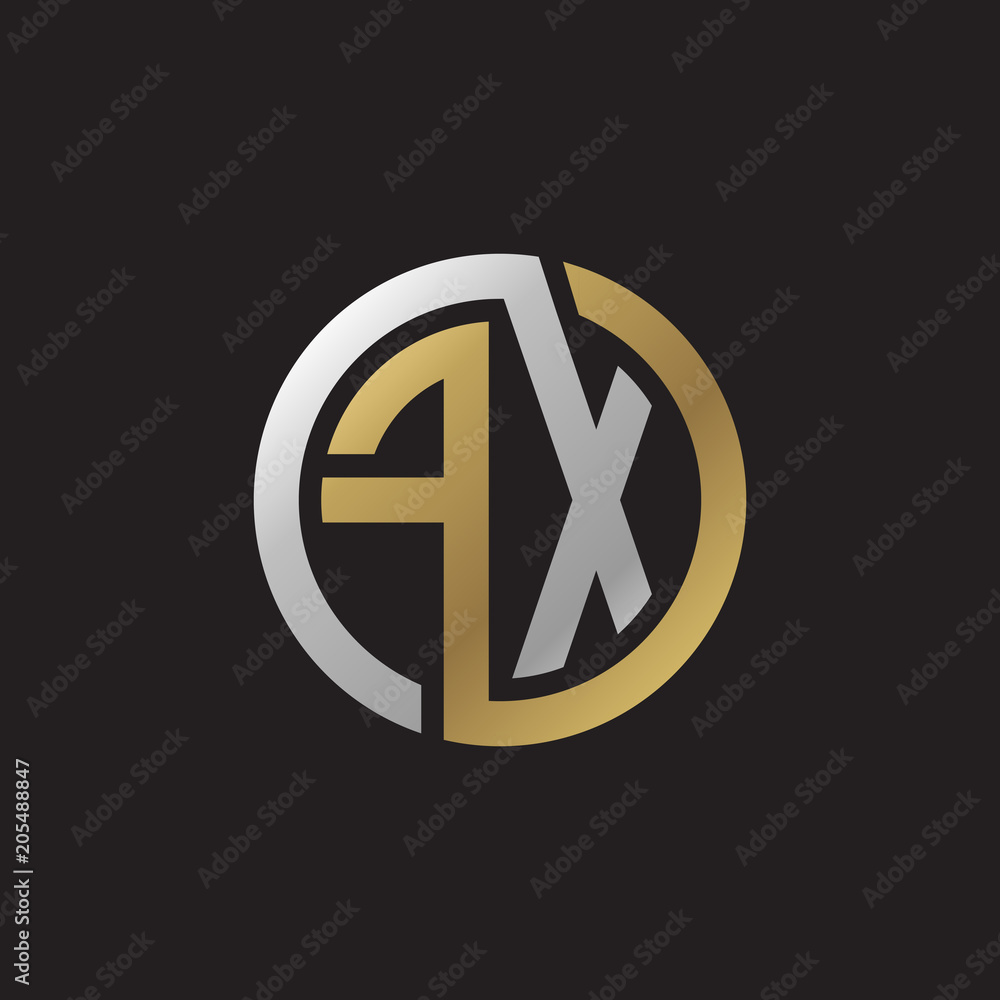 Initial letter FX, looping line, circle shape logo, silver gold color ...
