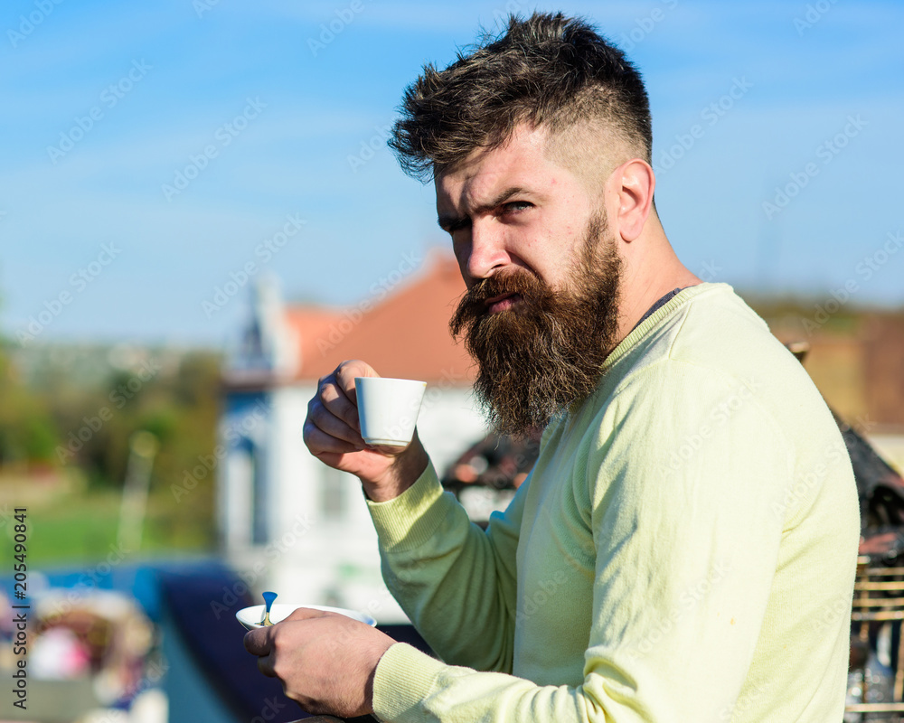 Bearded man with espresso mug, drinks coffee. Man with beard and ...